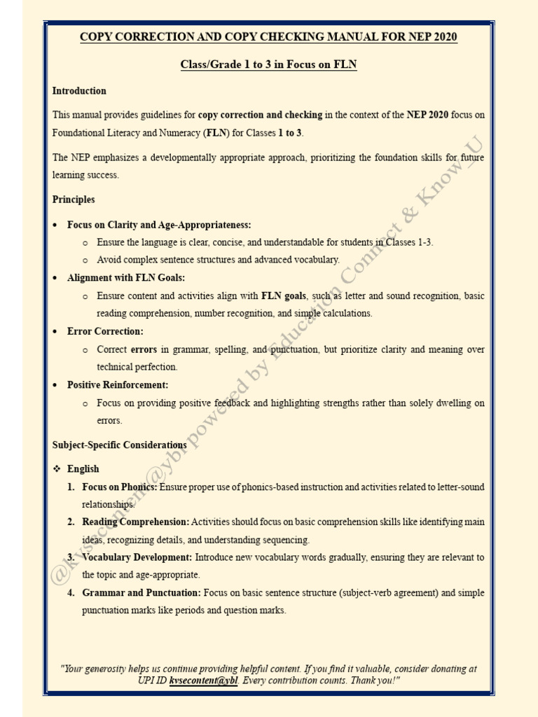 FLN Copy Correction Manual for Classes 1-3 | PDF | Reading ...