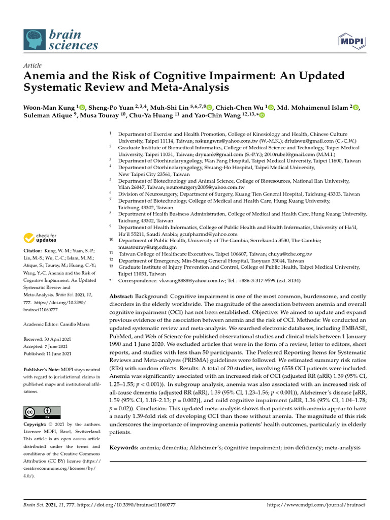 Anemia and The Risk of Cognitive Impairment - An Updated Systematic ...