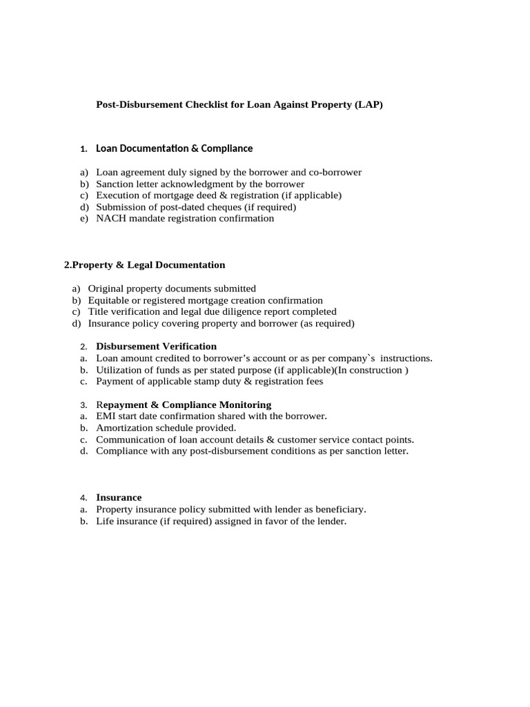 Loan Against Property Post-Disbursement Checklist | PDF