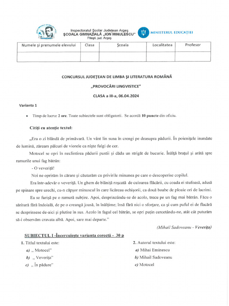 Subiect Si Barem Clasa A III A | PDF