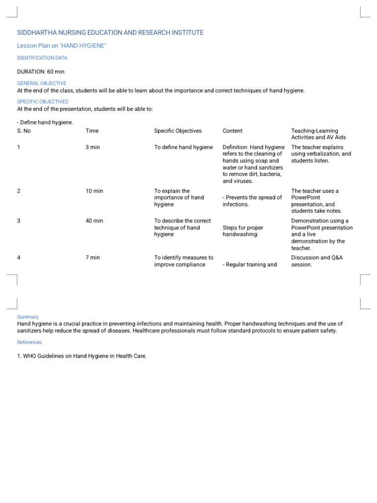 Lesson Plan Hand Hygiene Landscape | PDF | Hand Washing | Hygiene