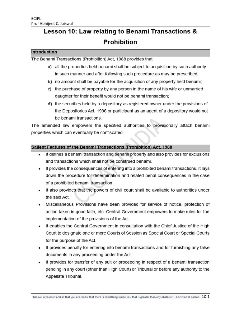 EBCL CHP 10 Benami Transaction | PDF | Property | Tribunal