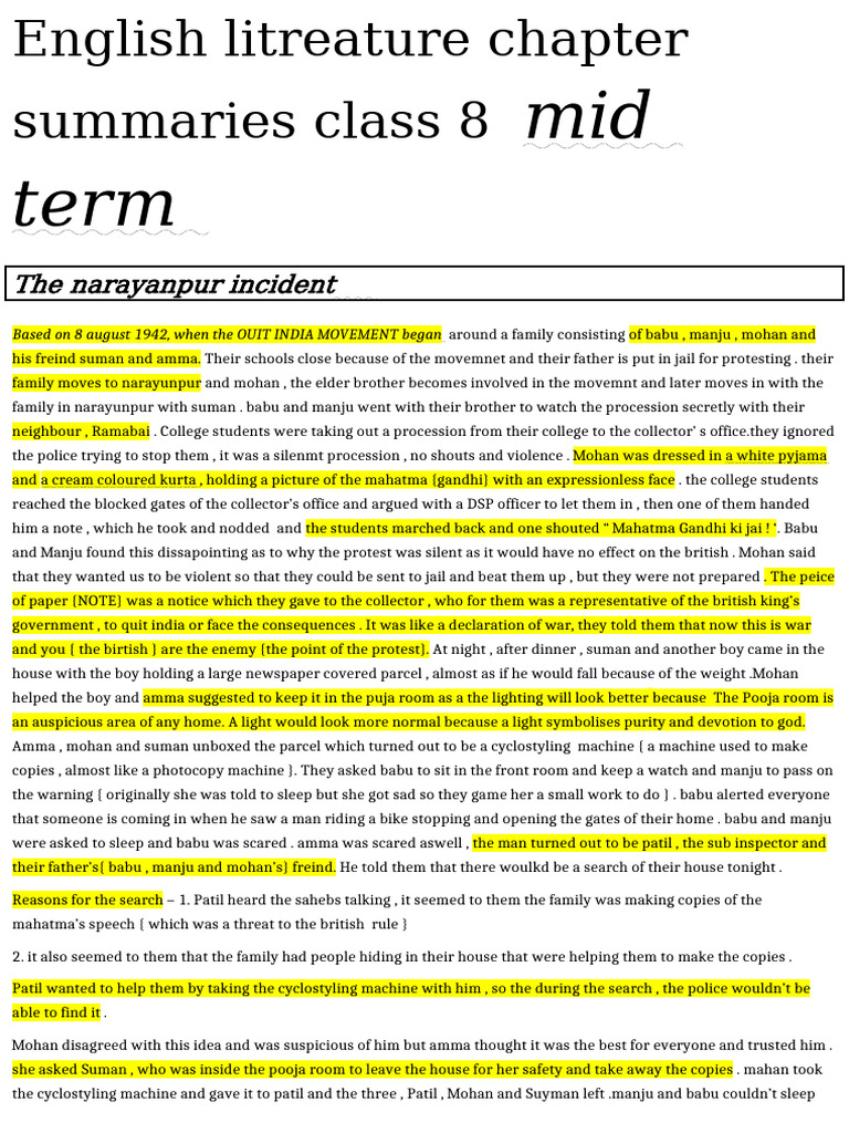 English Litreature Chapter Summaries Class 8 Mid Term | PDF