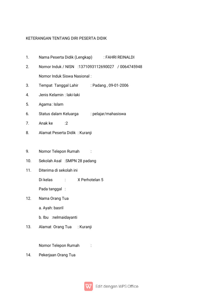 Biodata FAHRI REINALDI | PDF