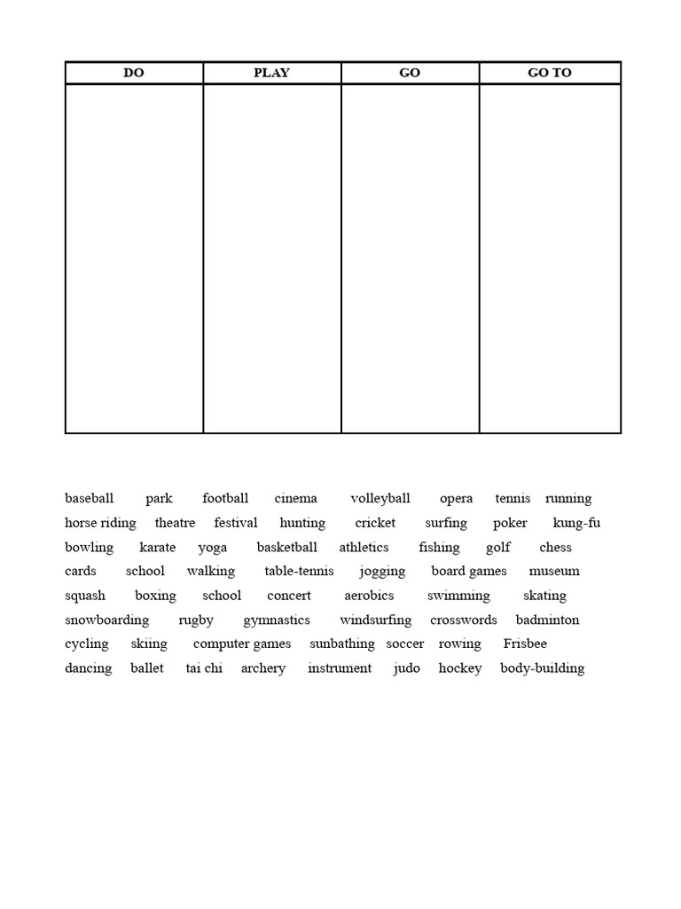 Do Play Go Go To - Verbs - Table | PDF