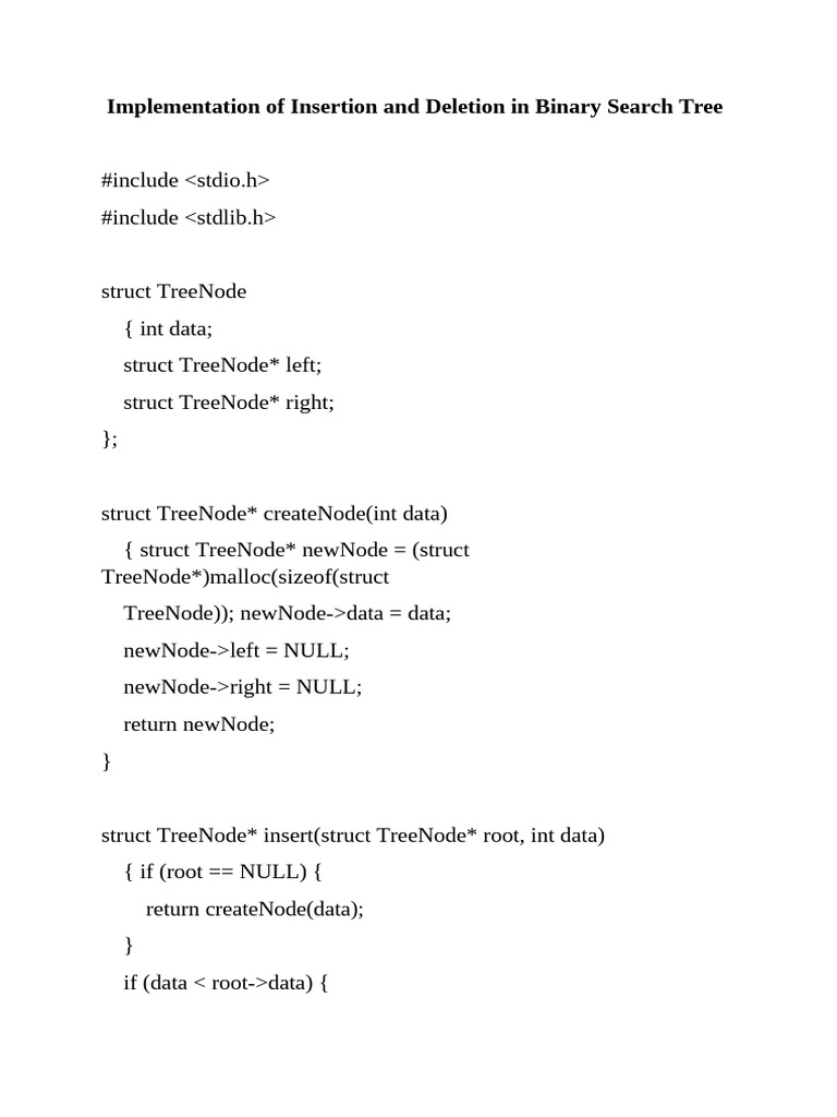 Implementation of Insertion and Deletion in Binary Search Tree | PDF