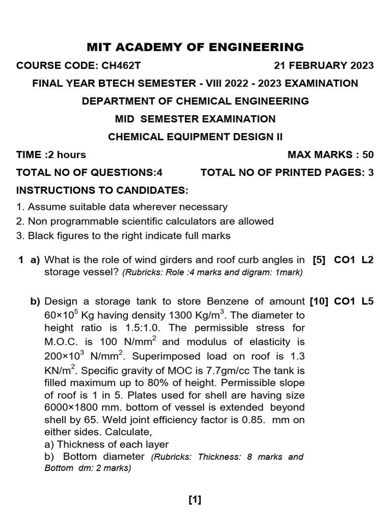 Btech - CH - Chemical Equipment Design II - SEM - VIIII - FEB 2023 ...