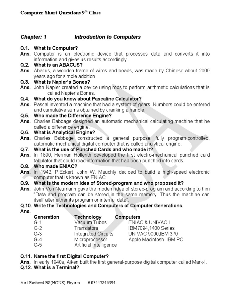 9th Computer Short Questions | PDF | Central Processing Unit | Computer ...