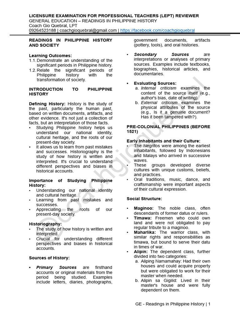 Philippine History LEPT Reviewer Guide | PDF | Philippines