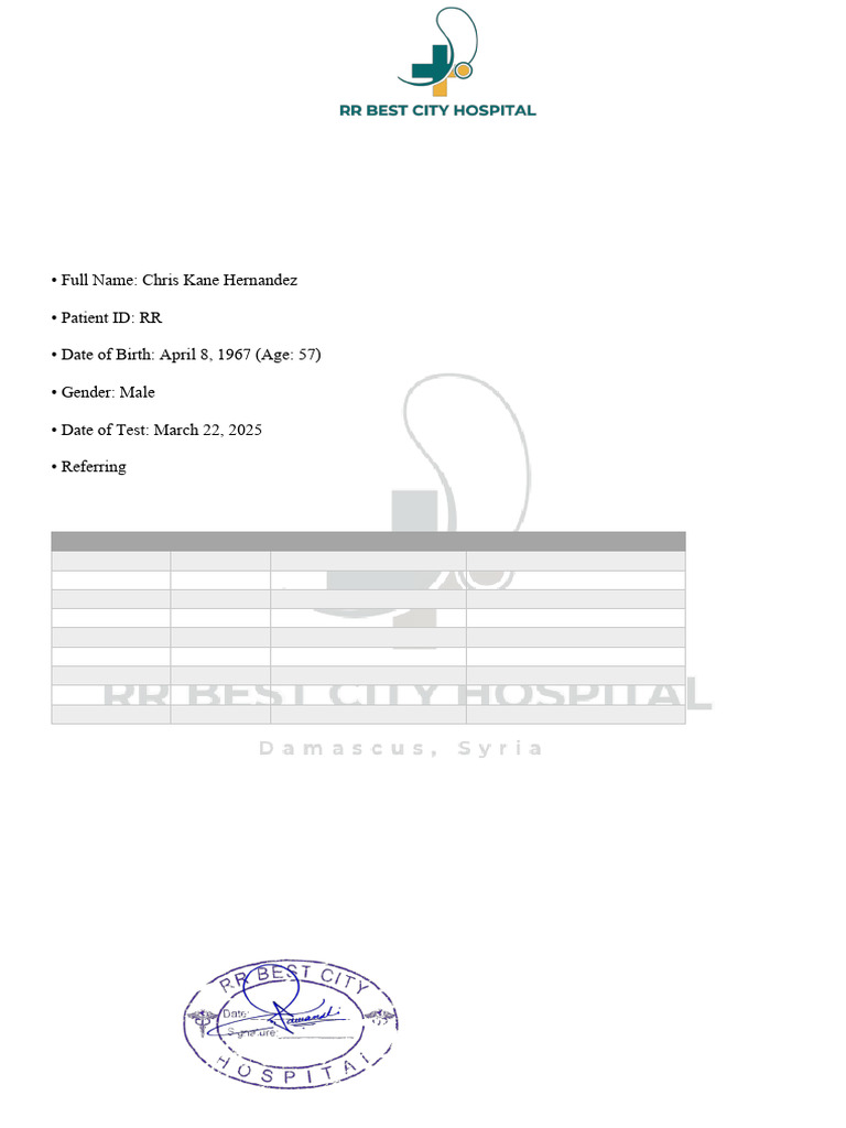 Department of Nephrology Kidney Function Test Report: Test Result ...