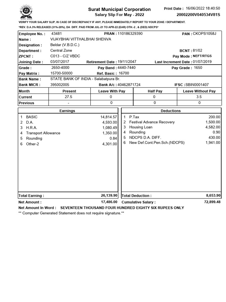 SalarySlip MAY 2022 43481 | PDF | Taxes | Government Finances