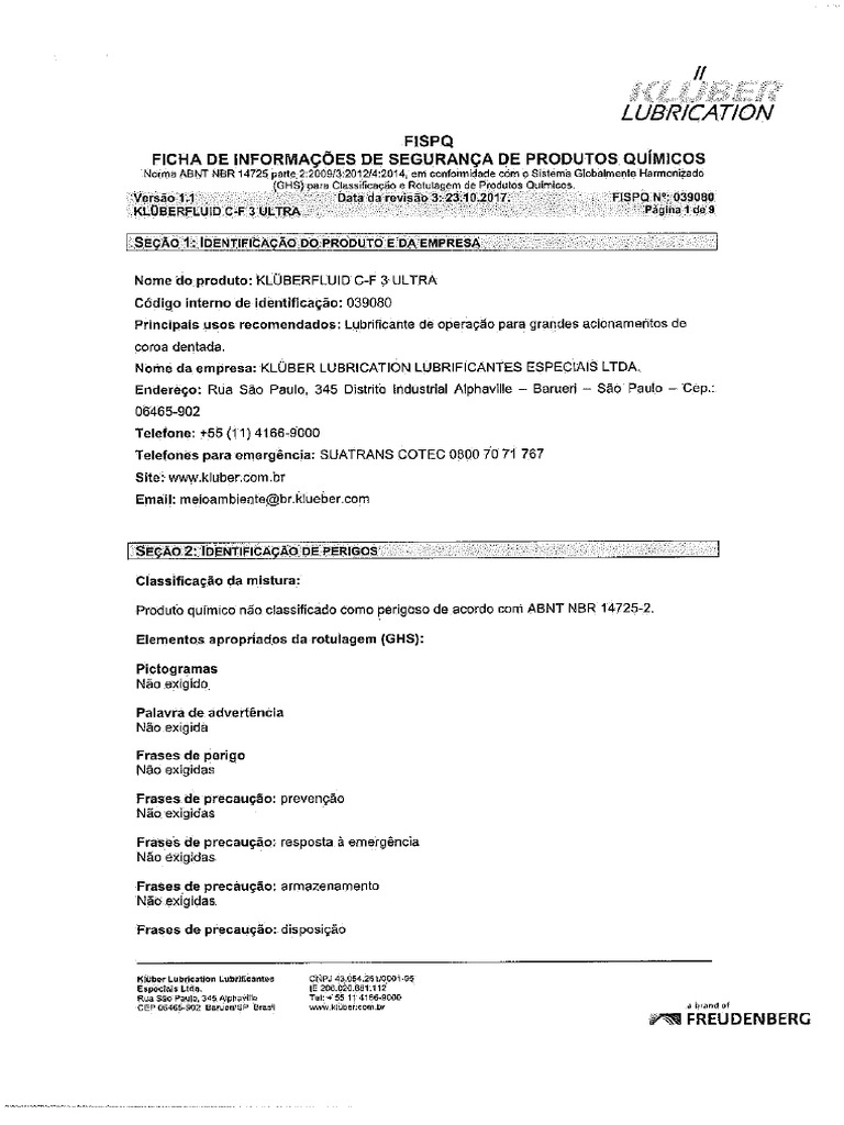 FISPQ - KluberFluid CF3 Ultra | PDF