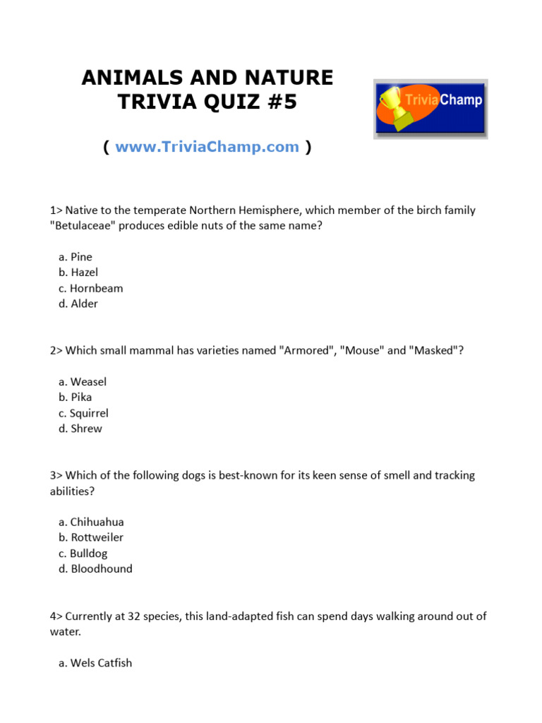 Animals and Nature Trivia Quiz E5 | PDF | Bears | Zoology