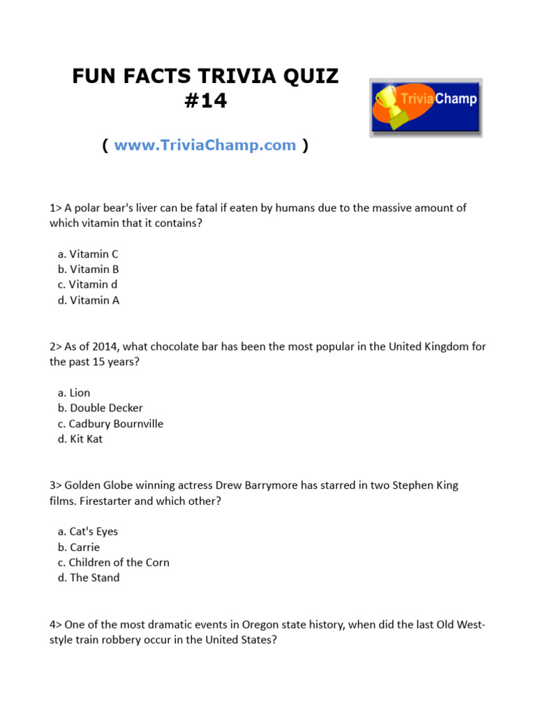 Fun Facts Trivia Quiz #14 | PDF