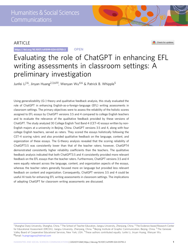 Evaluating the role of ChatGPT in enhancing EFL writing assessments in classroom settings- A ...