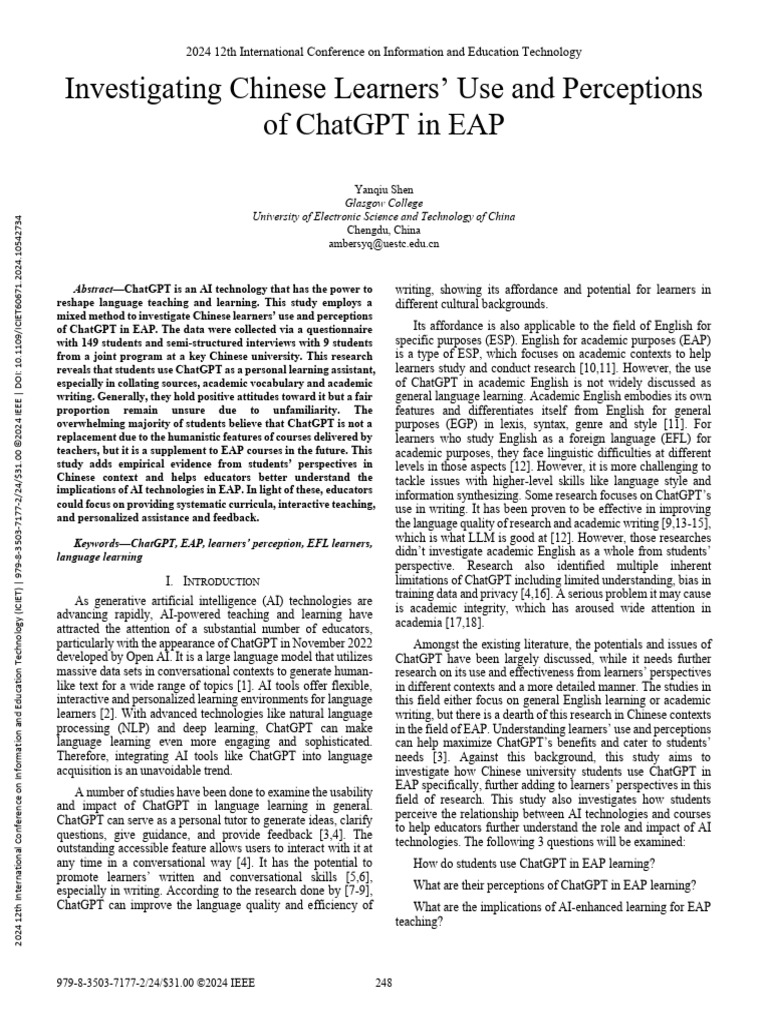 Investigating Chinese Learners Use and Perceptions of ChatGPT in EAP | PDF | Artificial ...