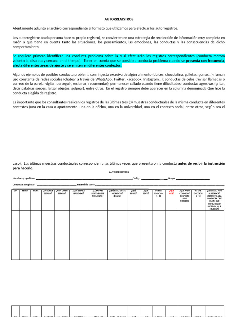 Formato Ejercicio Autorregistro Conducta Problema | PDF | Comportamiento | Ciencias del ...