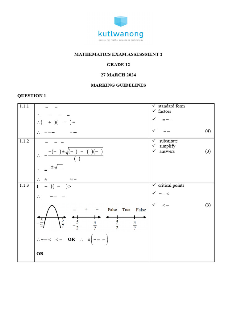 Grade 12 Mathematics Assessment 2 Marking Guidelines | PDF | Algebra ...
