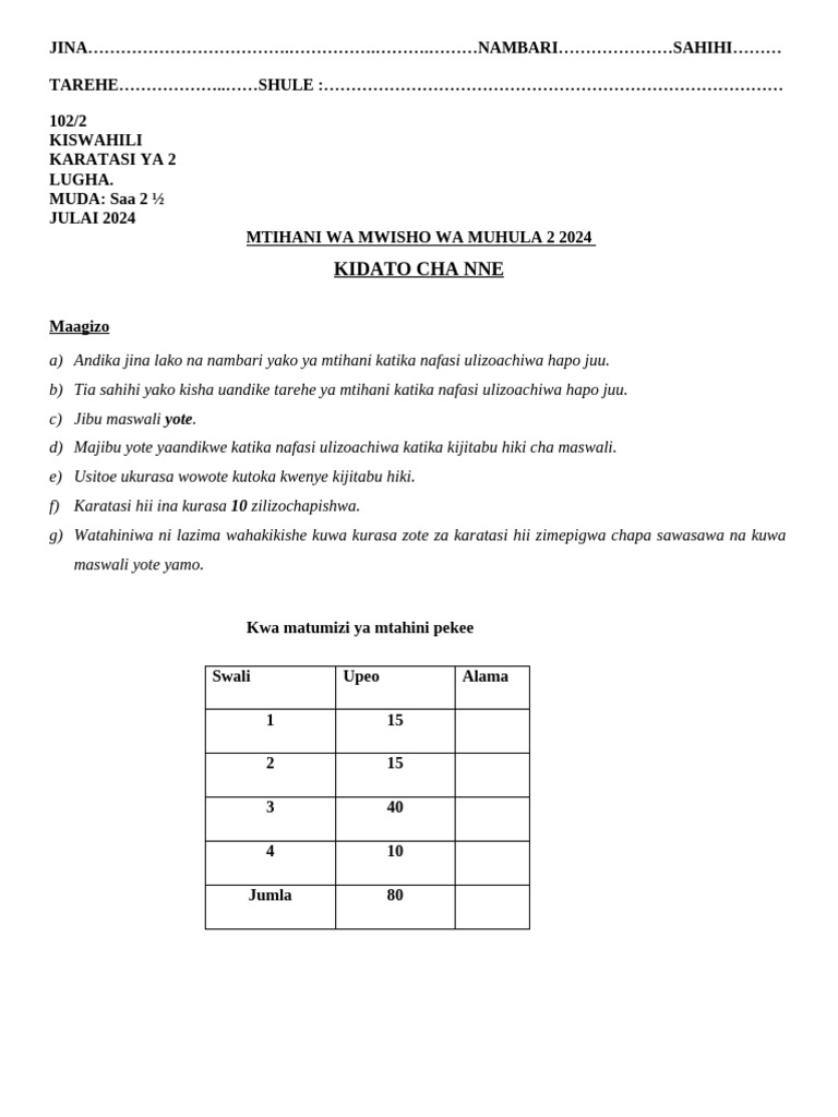 Kiswahili F4 PP2 2024 QS | PDF