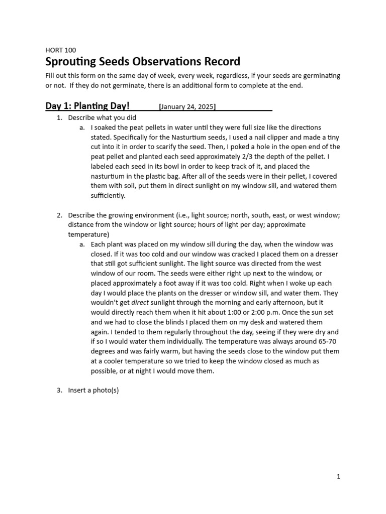 Sprouting Seeds Observation Form HORT 100 2025 | PDF | Seed | Leaf