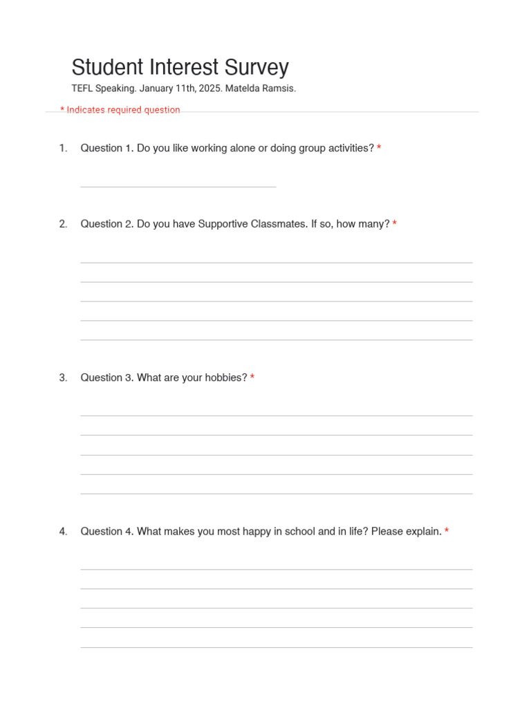 Student Interest Survey - Google Forms TEFL January2025 | PDF