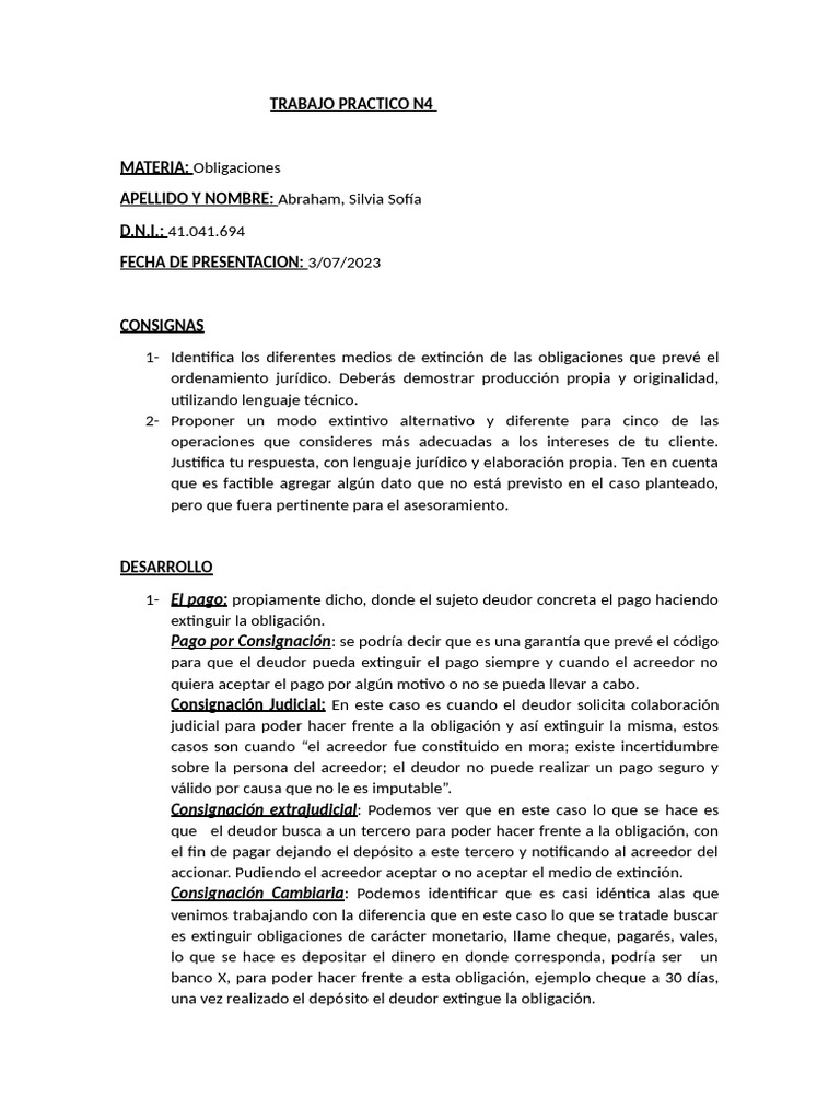TRABAJO PRACTICO N4 Obligaciones | PDF | Pagos