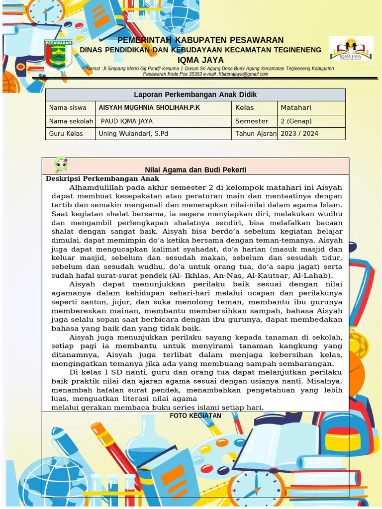 Contoh RAPOT Paud | PDF