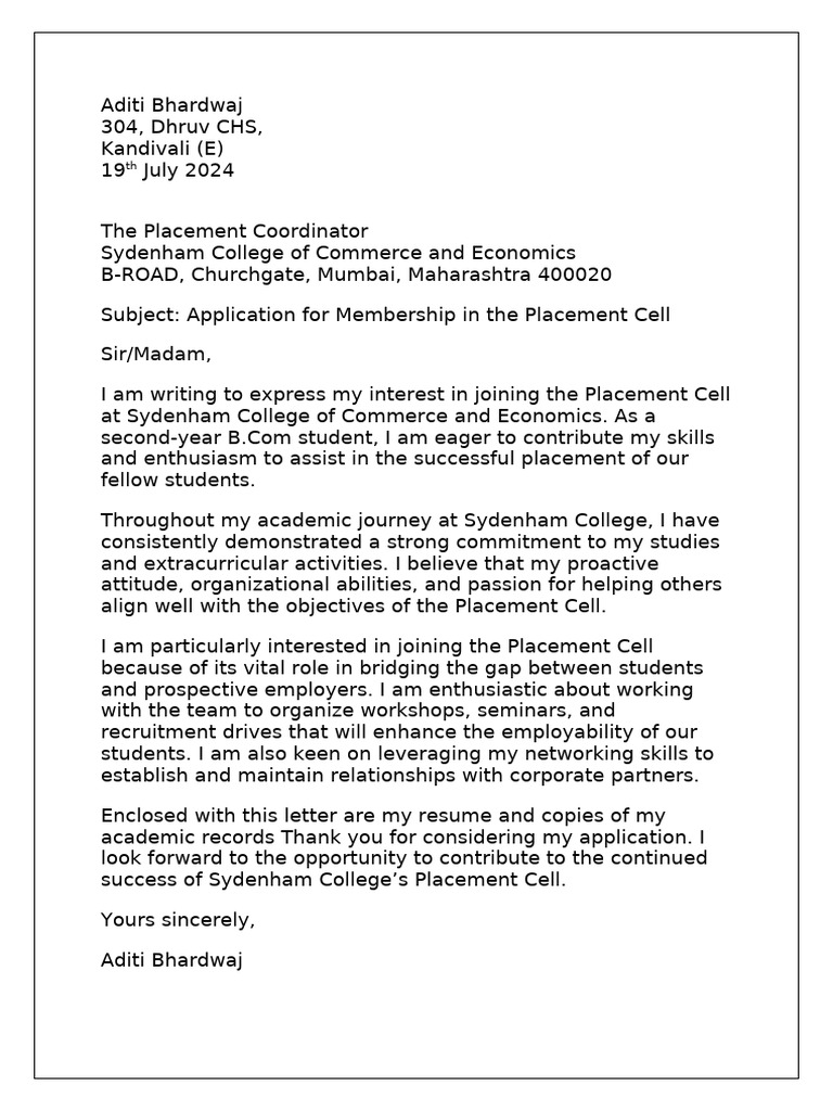 Application for Placement Cell Membership | PDF