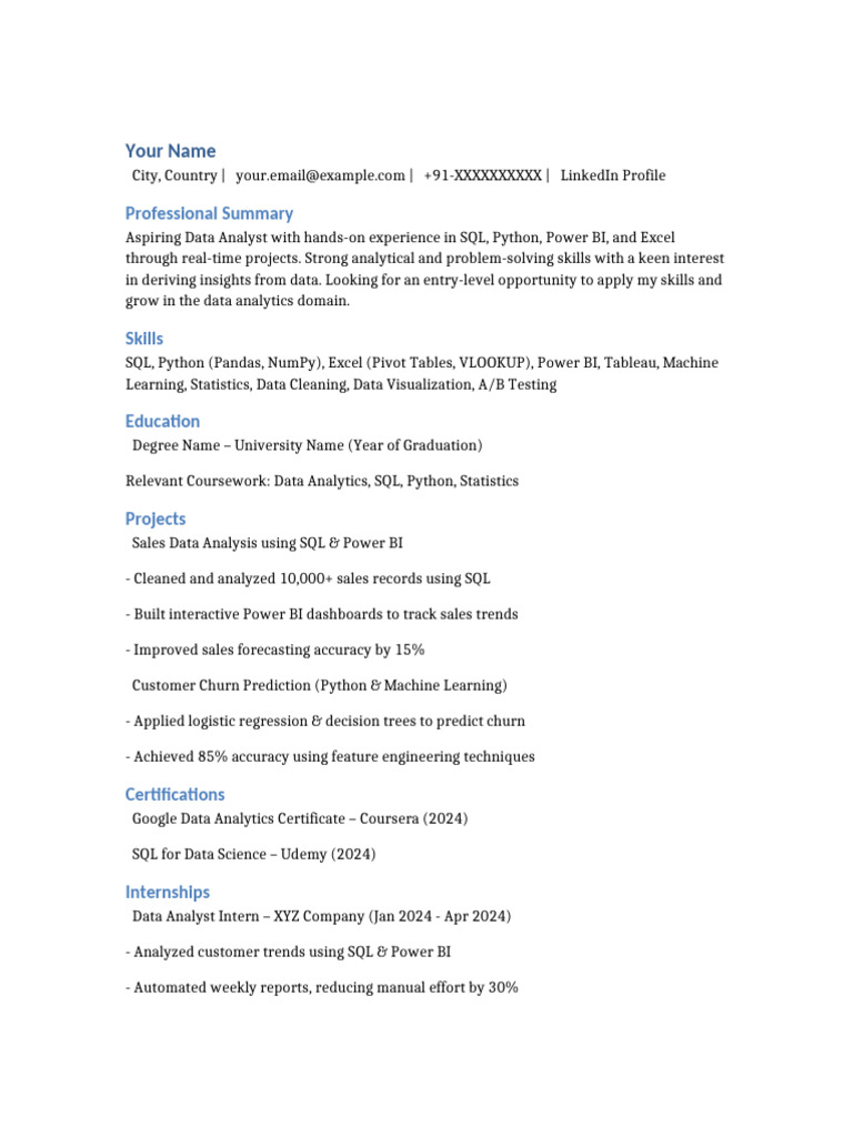 Data Analyst Fresher Resume | PDF