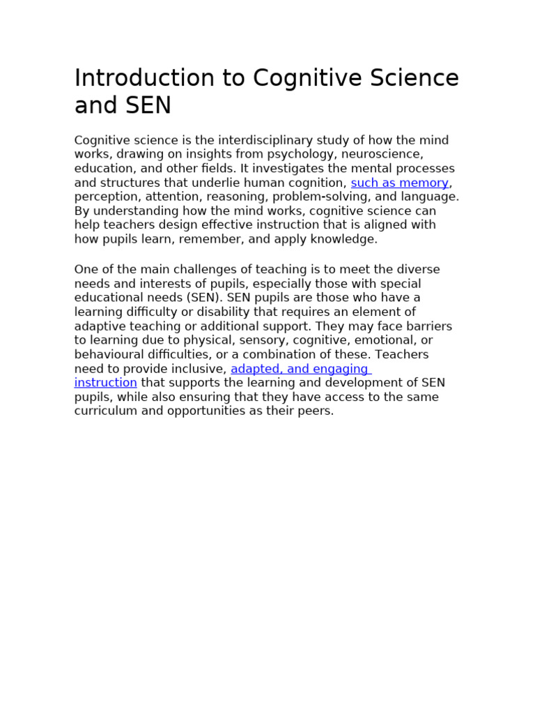 Introduction To Cognitive Science and SEN | PDF
