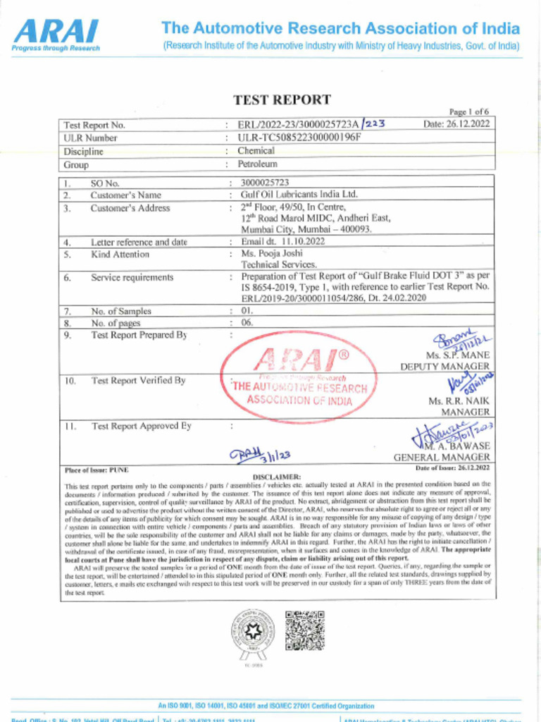 Gulf Brake Fluid DOT 3 - Is 8654 Type1 - Extension Report - P1 | PDF