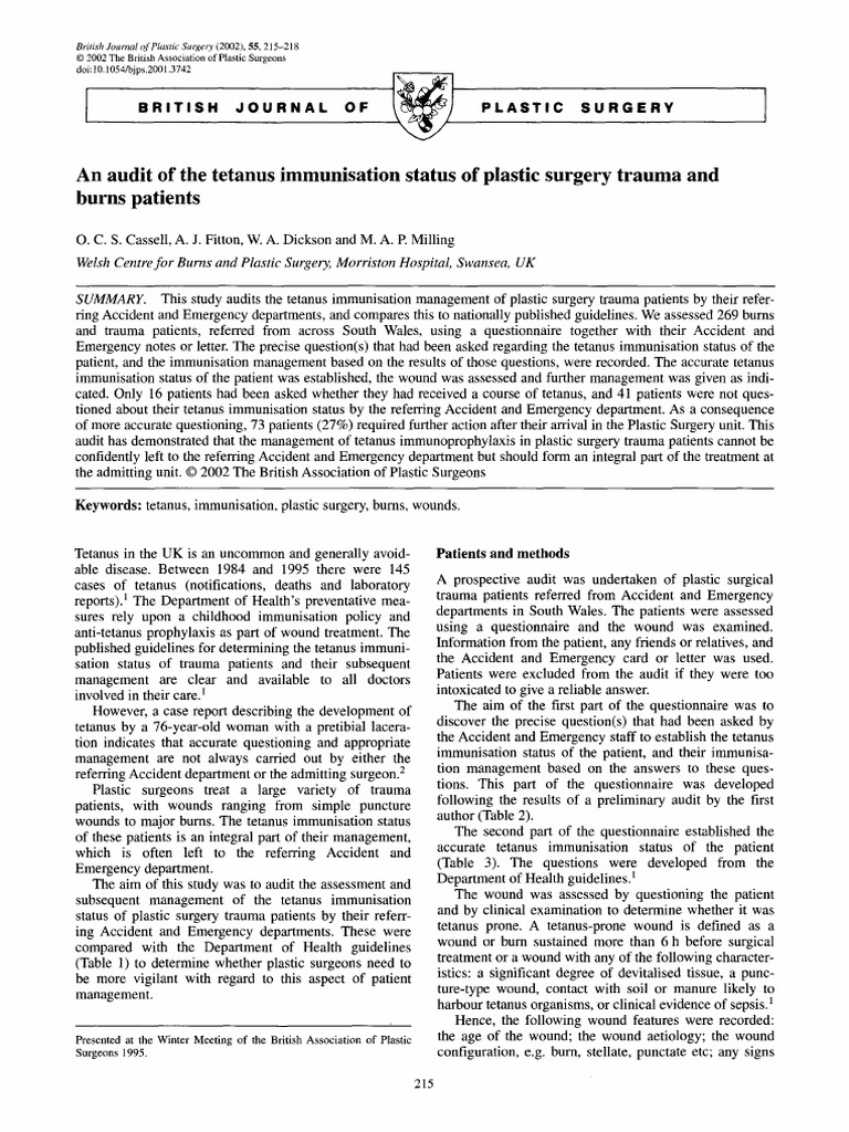 An Audit of The Tetanus Immunisation Status of Plastic Surgery Trauma ...