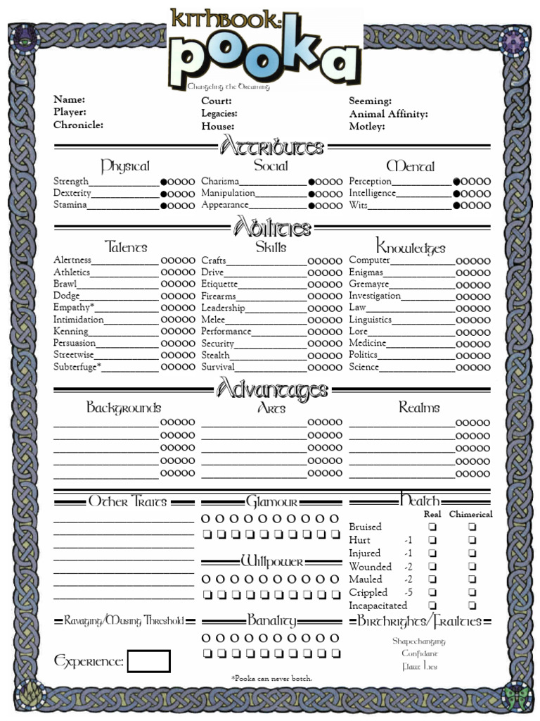 Pooka Character Sheet for Changeling | PDF | Role Playing Games