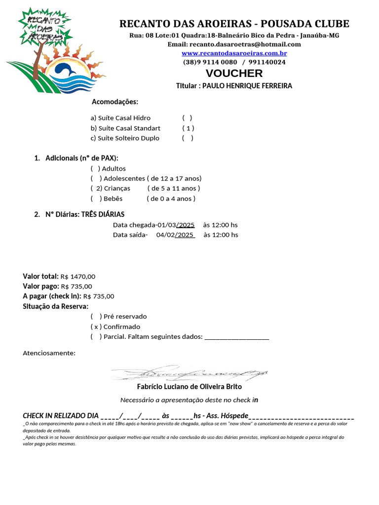 Reserva Confirmada - Recanto das Aroeiras | PDF
