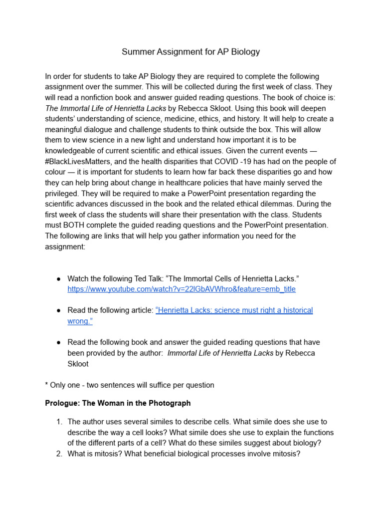 Summer_Assignment_for_AP_Biology_2021-22 | PDF | He La | Informed Consent