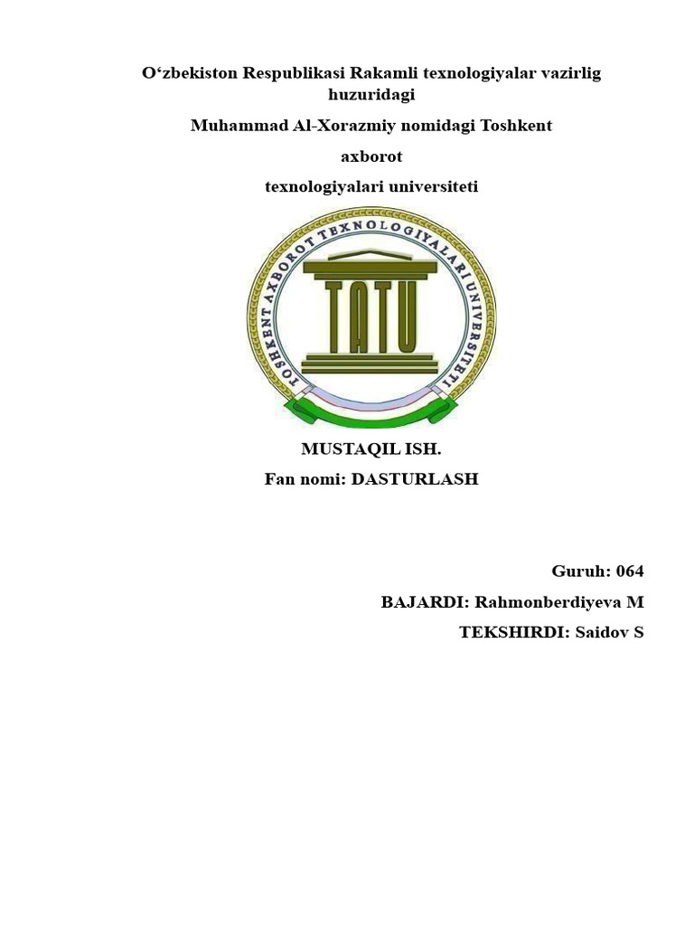 Rahmonberdiyeva M MUSTAQIL ISH., | PDF | Namespace | Computer Programming
