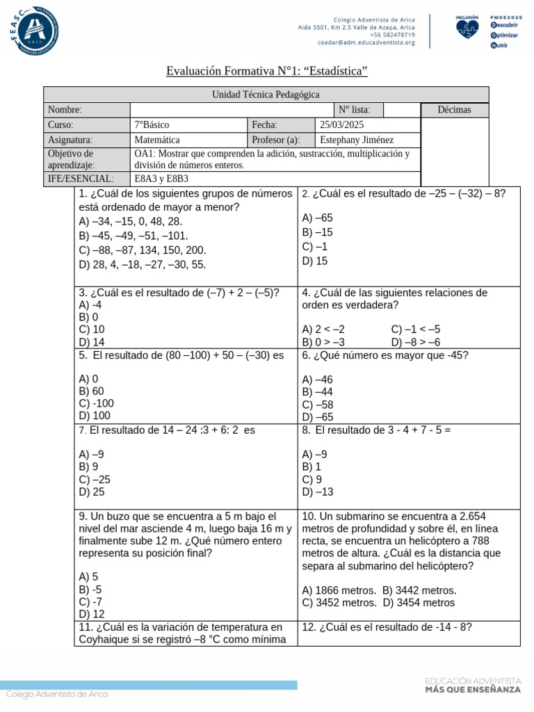 7°Básico-Ev. Formativa N°1-N Enteros | PDF