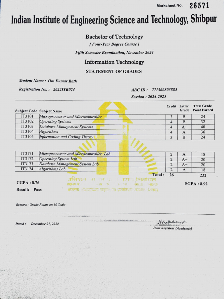 5th Sem Marksheet | PDF