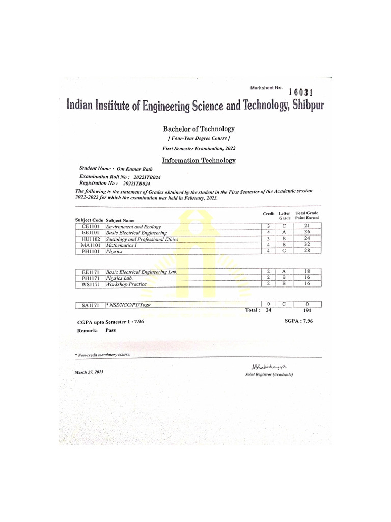 MARKSHEET TILL 5th SEM | PDF