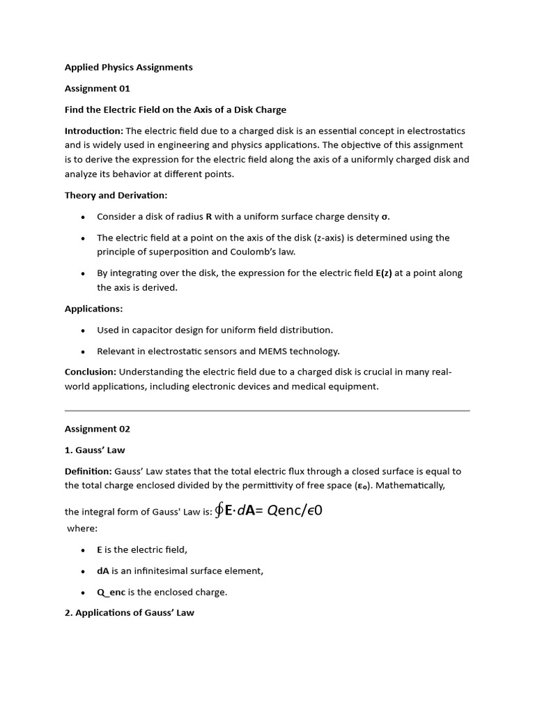 Applied Physics Assignments | PDF | Electric Field | Sphere