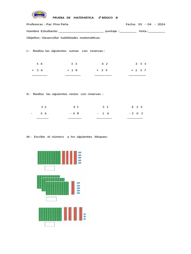 Prueba Matematica Sumas y Restas Sin Reserva | PDF