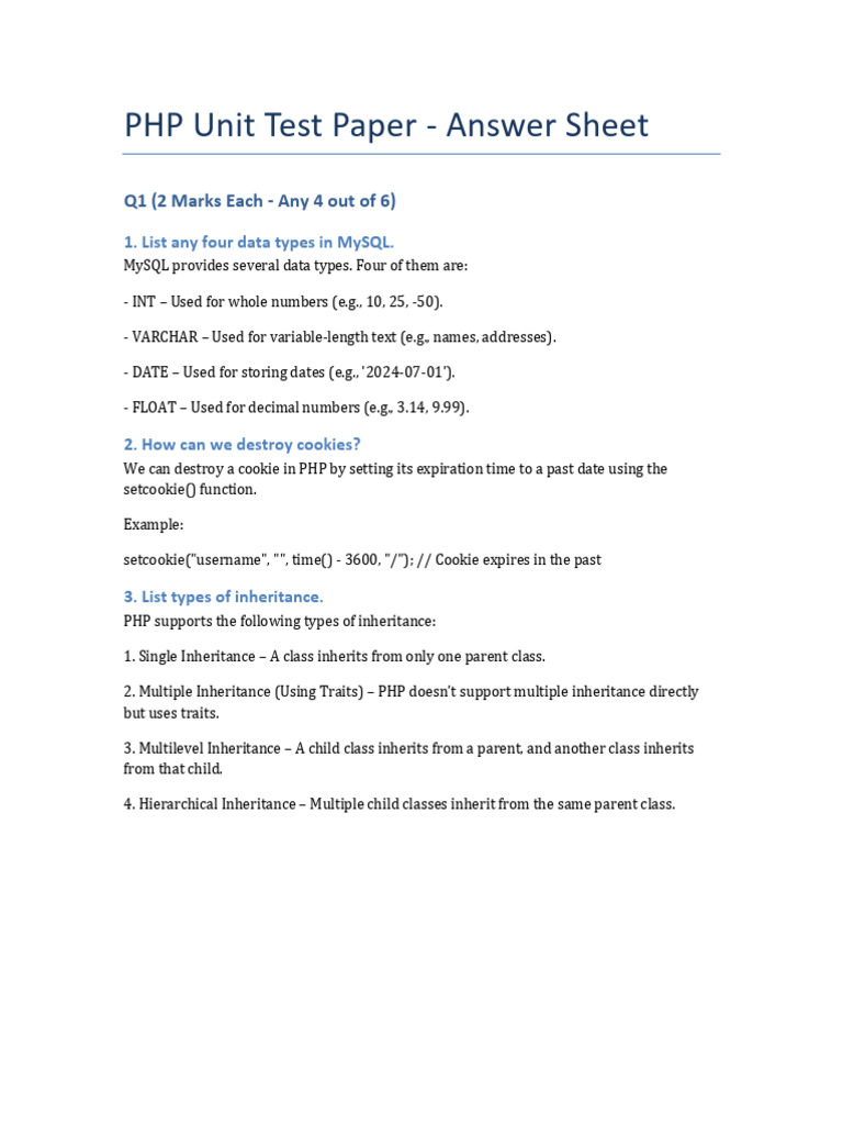 Php Unit Test Answer Sheet Pdf Php Inheritance Object Oriented 5755