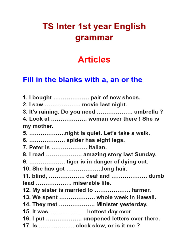 Ts Inter 1st Year English Grammar Pdf Adjective Semantics