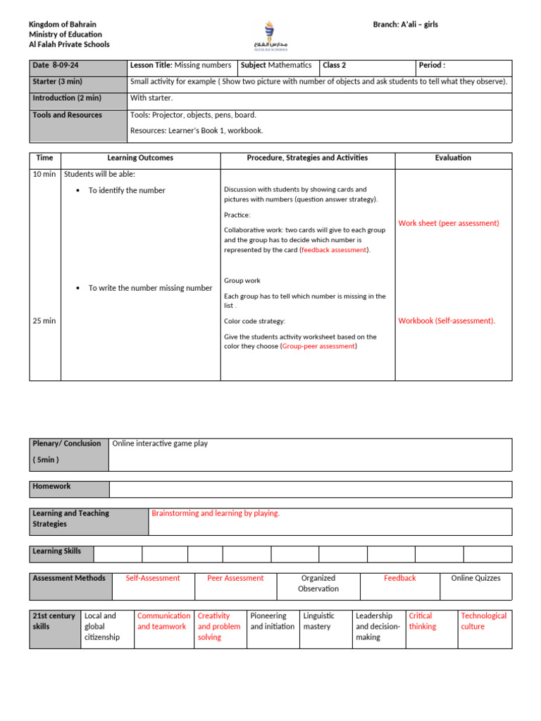 Grade 2 Math Lesson: Missing Numbers | PDF | Educational Assessment ...