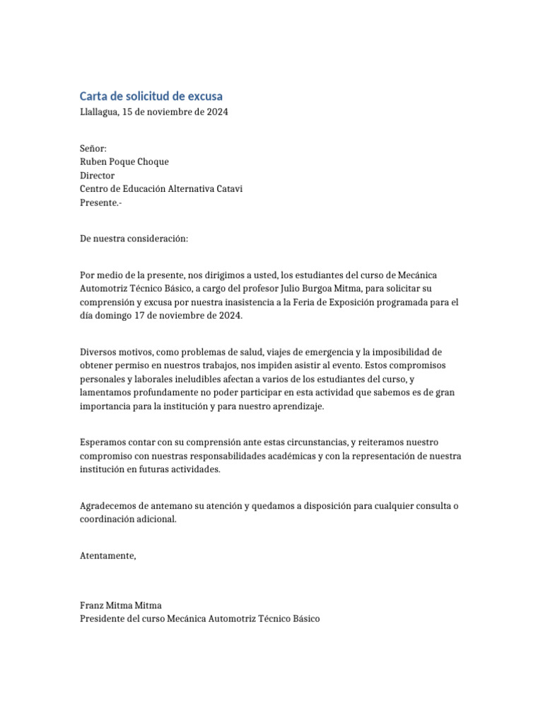 Carta de Solicitud de Excusa | PDF
