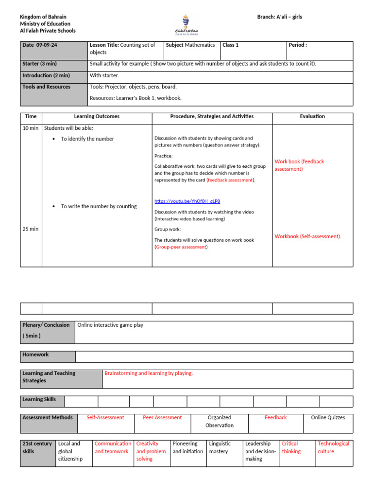 Class 1 Math Lesson: Counting Objects | PDF | Educational Assessment ...