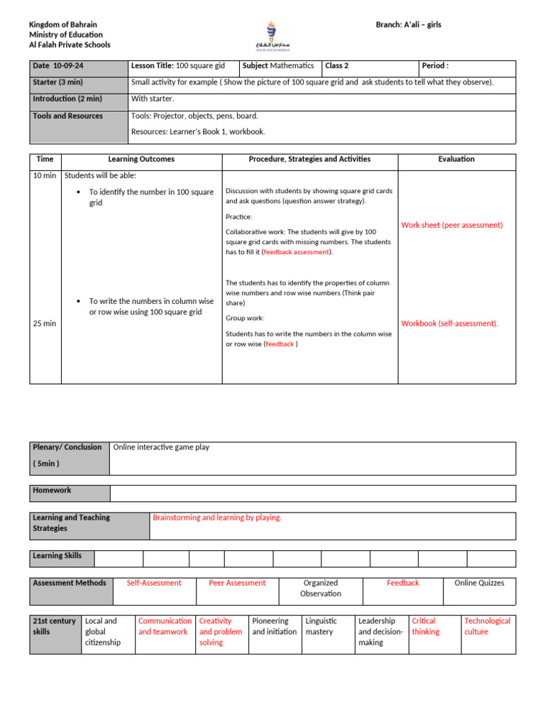 Grade 2 Math: 100 Square Grid Lesson | PDF | Educational Assessment ...