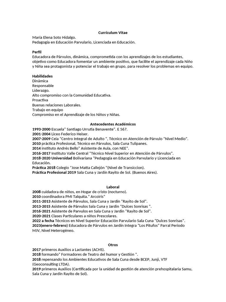 Curriculum Maria Elena | PDF | Educación de la primera infancia | Aprendizaje