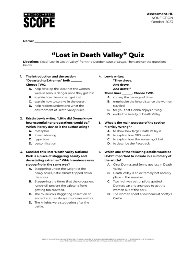 Death Valley Survival Quiz | PDF