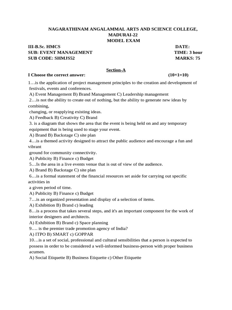 Event Management Model Exam Paper | PDF | Business